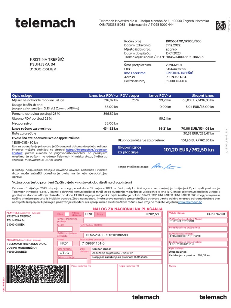 Račun Za Telemach Usluge, 12.2022 | PDF
