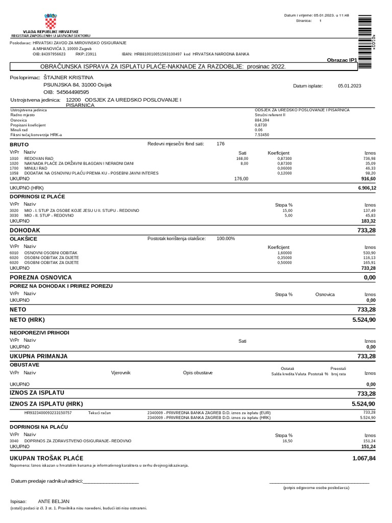 OBRAČUNSKA ISPRAVA ZA ISPLATU PLAĆE-NAKNADE ZA RAZDOBLJE - Prosinac ...