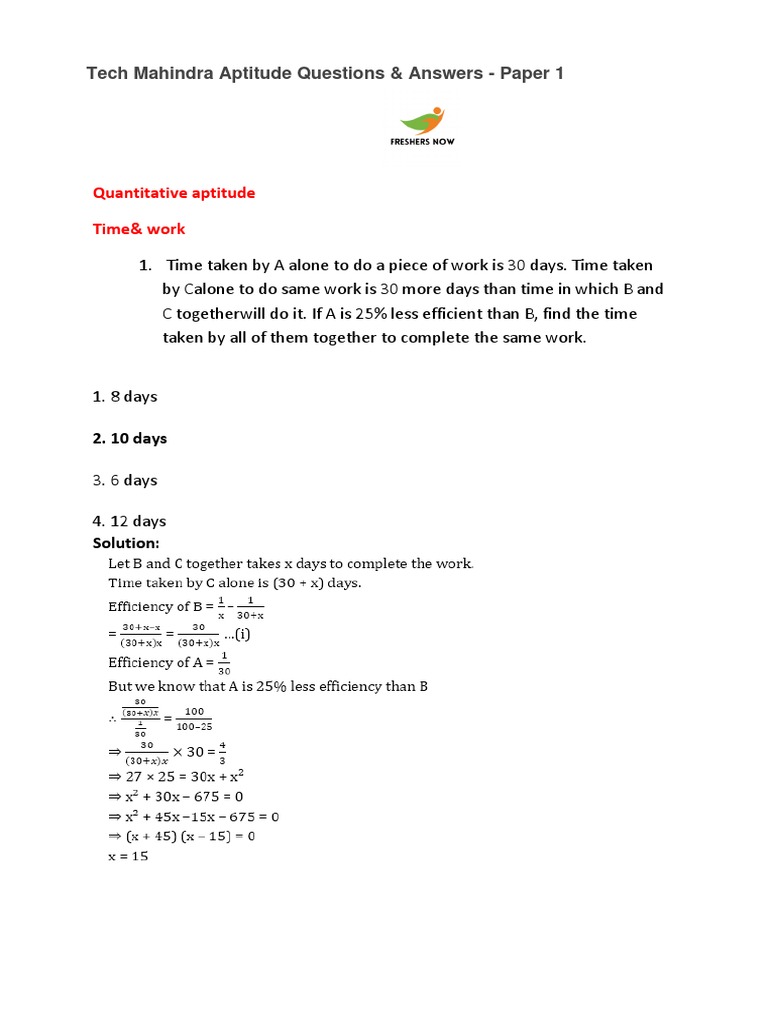 Tech Mahindra Aptitude Questions Answers Paper 1 | PDF | Speed