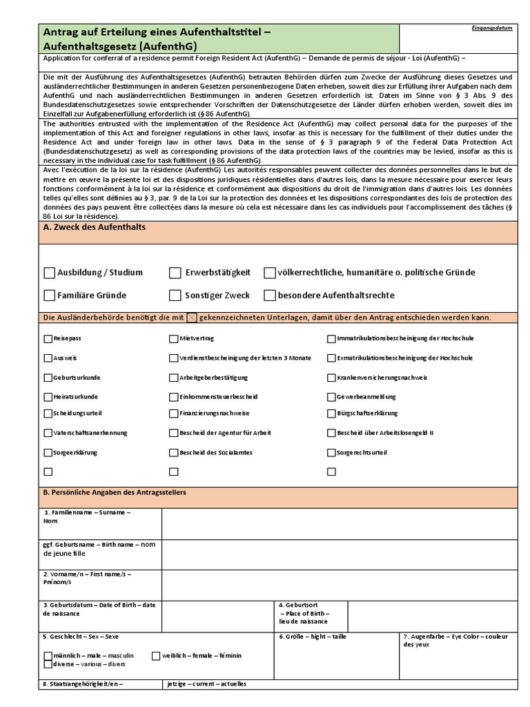 Antrag Auf Erteilung Einer Aufenthaltserlaubnis - Vordruck 2 | PDF