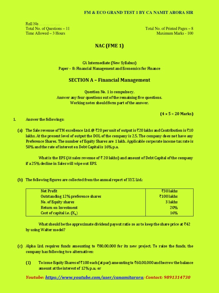 FM & Eco Grand Test 1 | PDF | Cost Of Capital | Financial Capital
