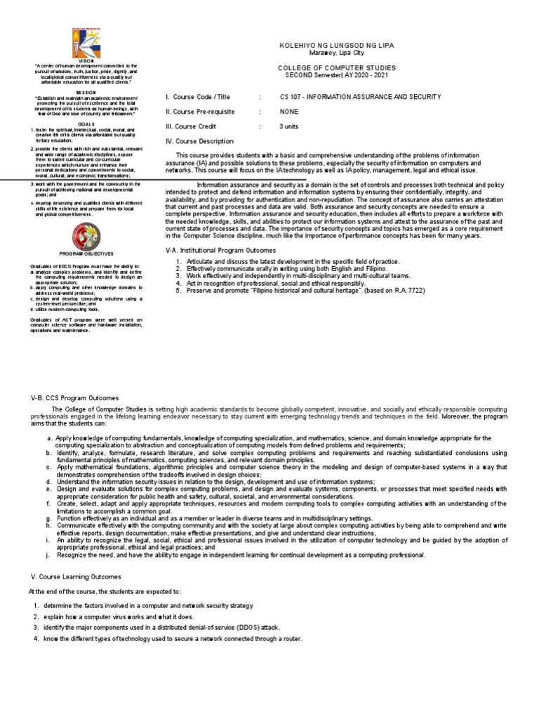CS 107-Information Assurance and Security | PDF | Computing | Security