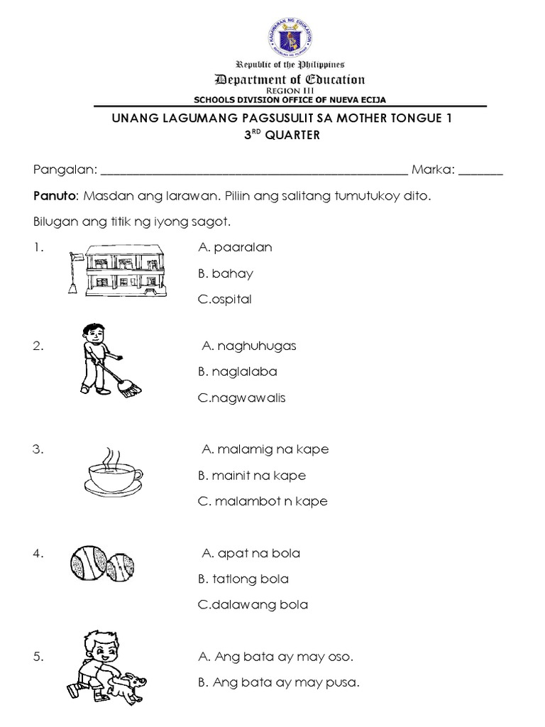 Unang Lagumang Pagsusulit Sa Mother Tongue 1 3 Quarter | PDF