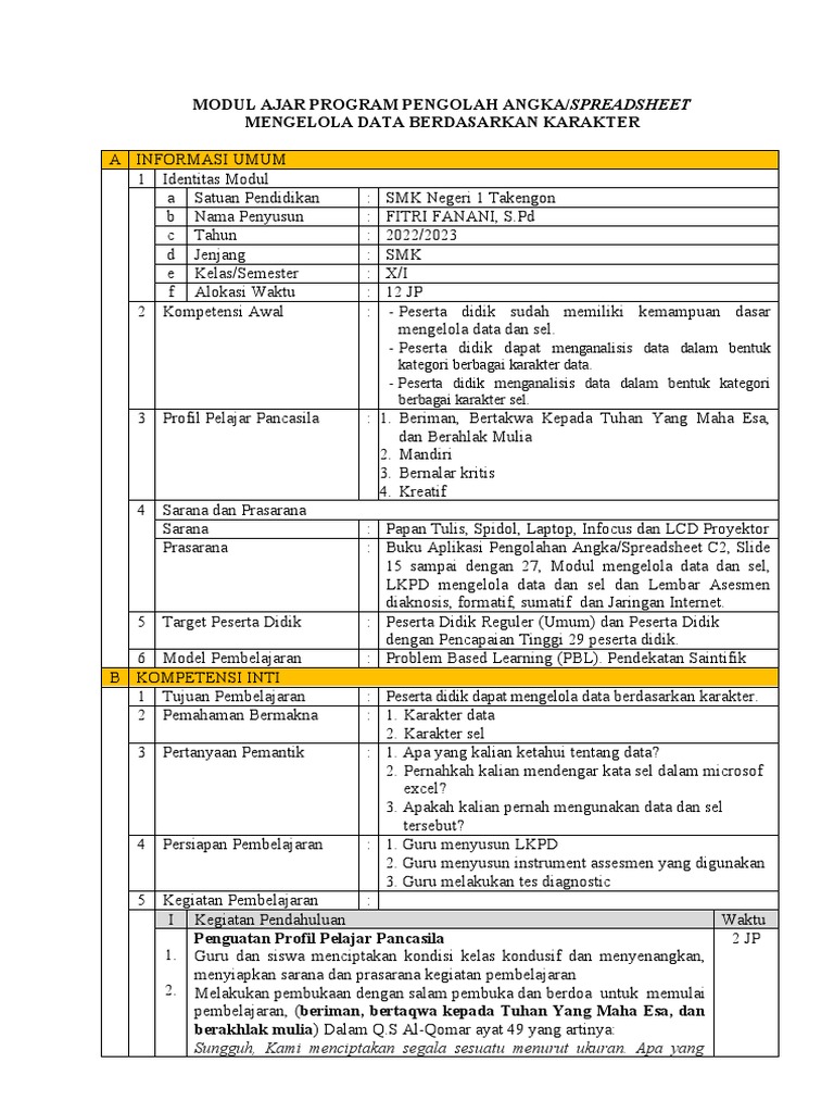 Modul Ajar Pengolahan Data Spreadsheet | PDF