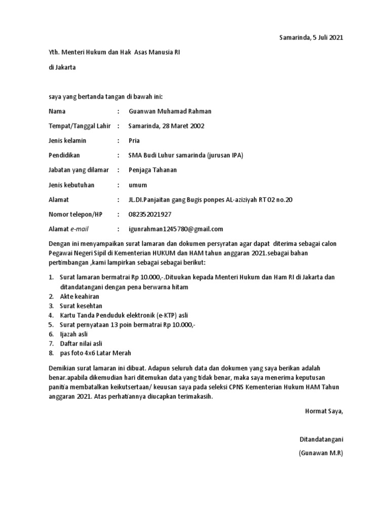 Yth - Docx Surat Lamaran Kenmenkumham | PDF