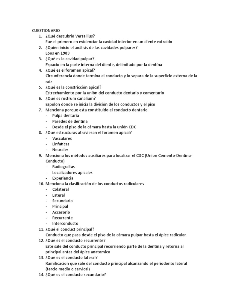 Cuestionario Endo | PDF | Odontología | Boca