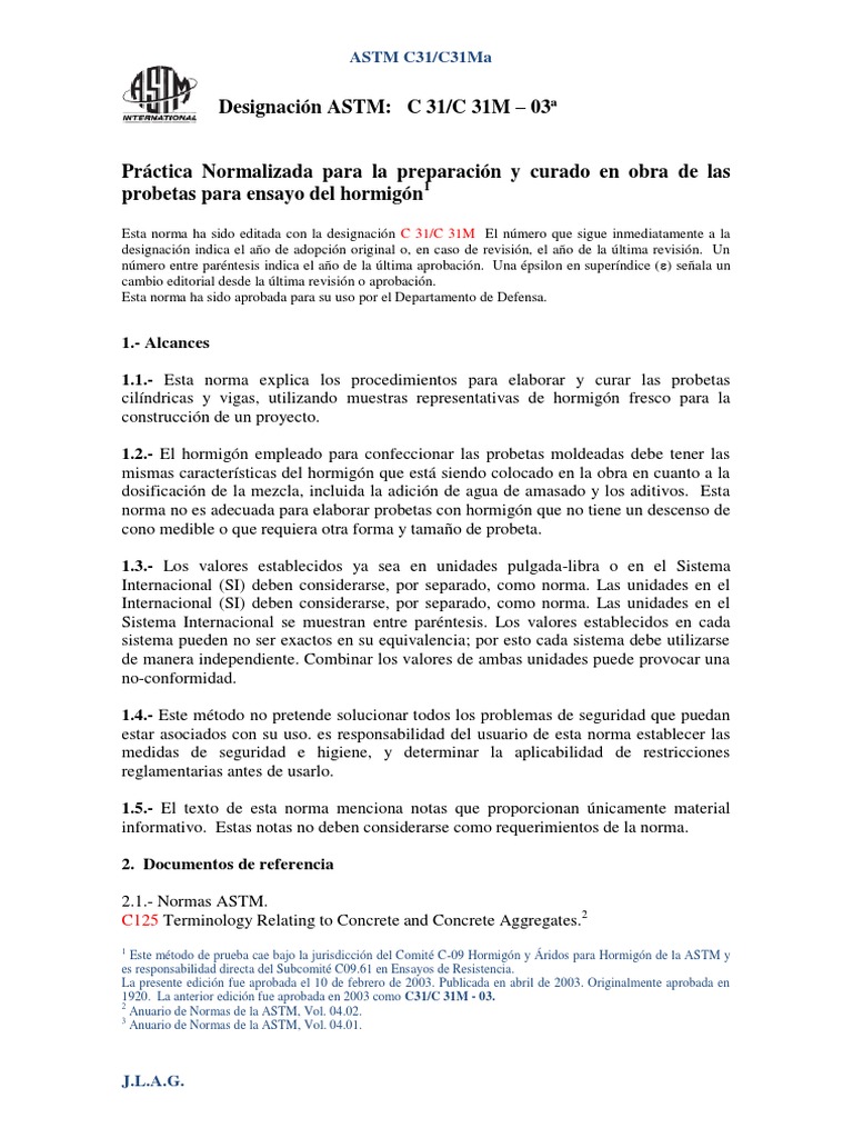 Designación ASTM: C 31/C 31M - 03 | PDF | Hormigón | Agua