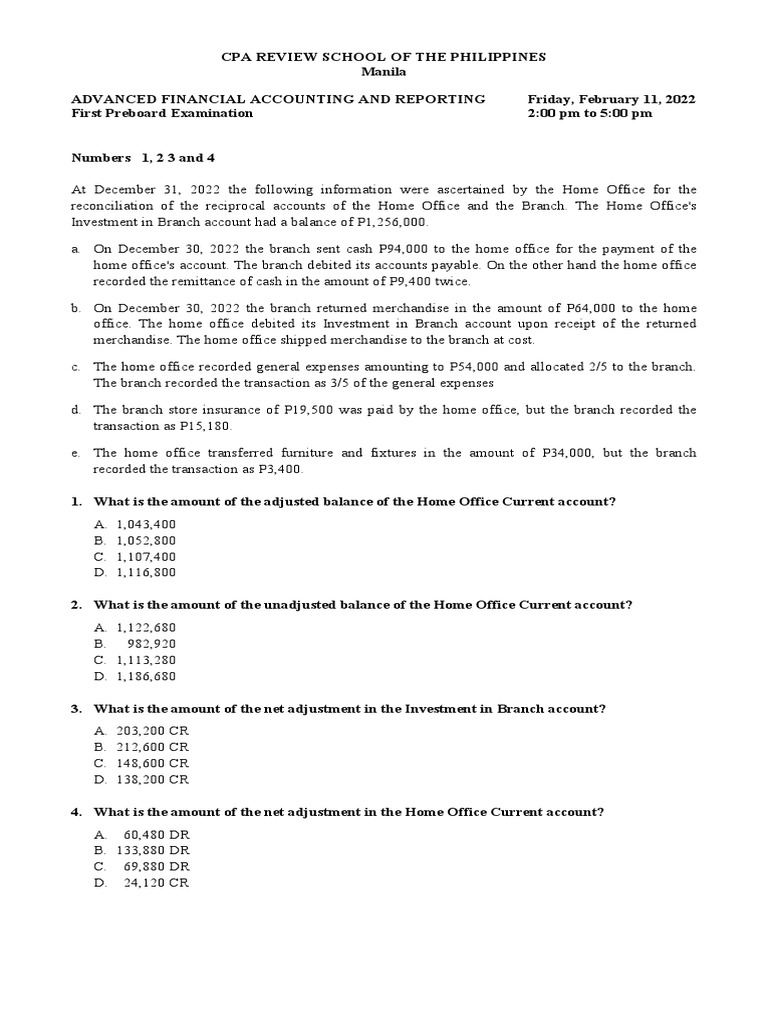 CPAR - 91 - AFAR First Preboard Exam | PDF | Franchising | Debits And ...