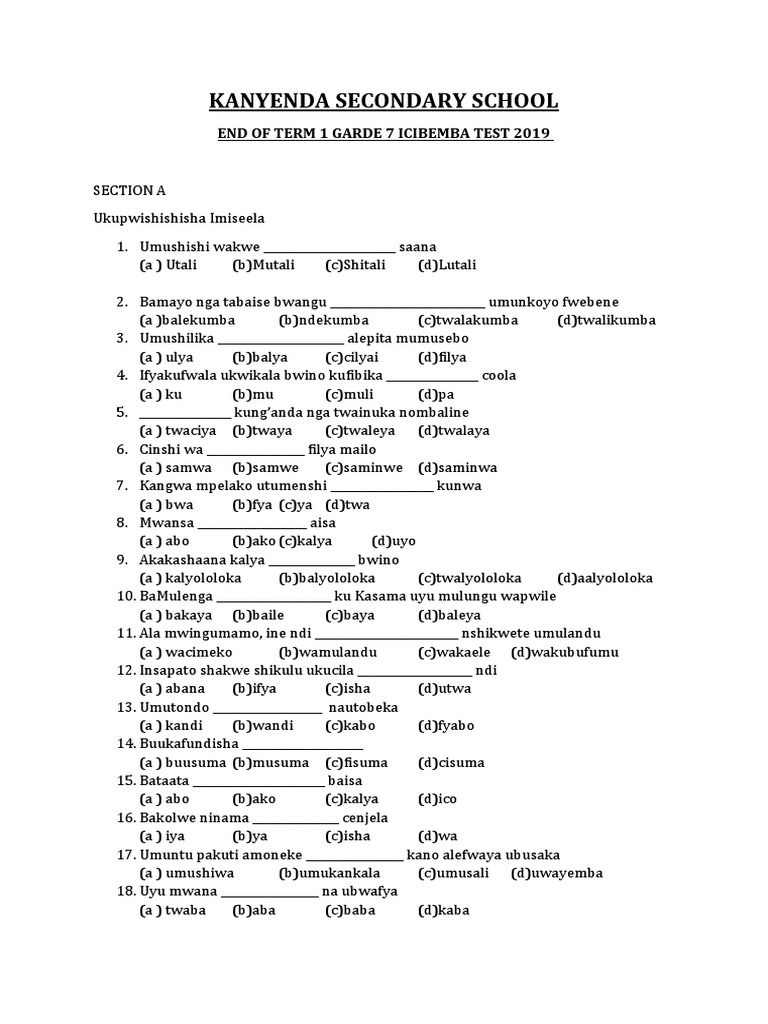 Grade 7 Icibemba Test 2019 | PDF | Foreign Language Studies | Teaching ...