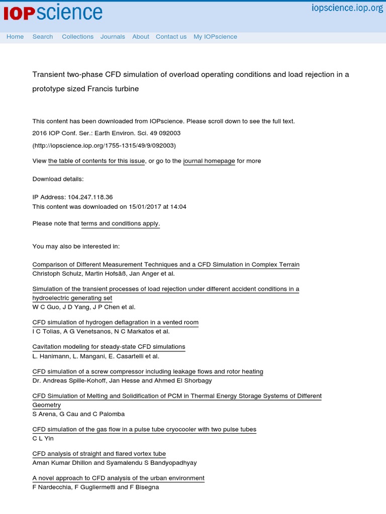 Transient CFD of overload and load rejection in a Francis turbine | PDF ...
