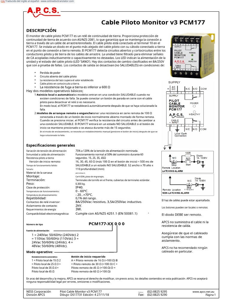 APCS Pilot Cable Monitor PCM177.en - Es | PDF | Resistor | Relé