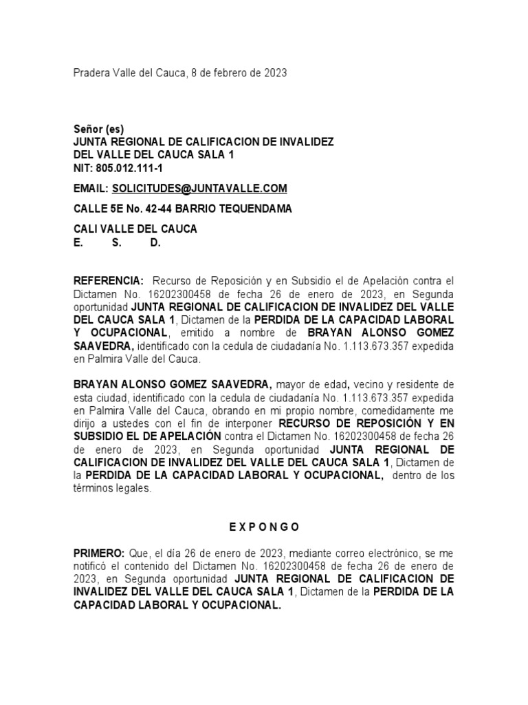 Recurso de Apelacion Contra Dictamen Junta de Calificacion Regional Brayan Gomez | PDF | Hombro ...