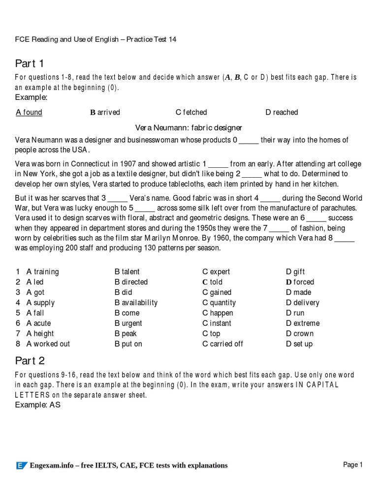 FCE Reading And Use Of English Practice Test 14 PDF Perfect