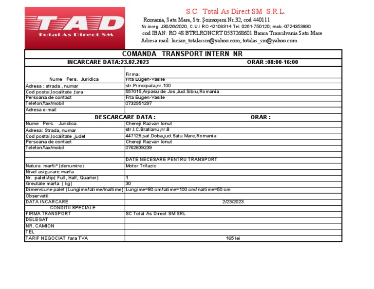 Formular Comanda Transport Total As Direct | PDF