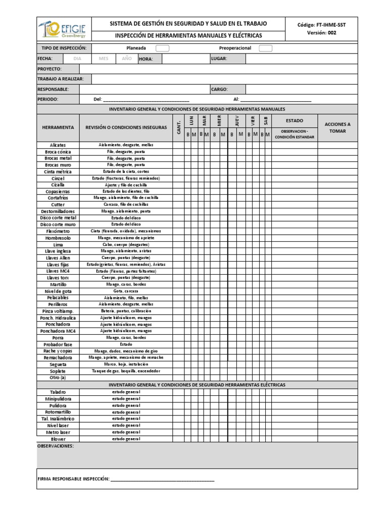 Formato Inspección de Herramientas | PDF | Procesos industriales | Equipo