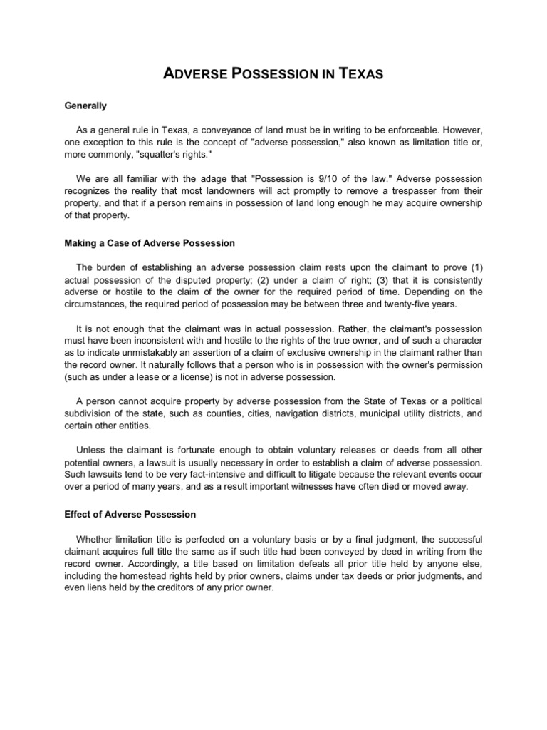 Texas Adverse Possession Guide | PDF
