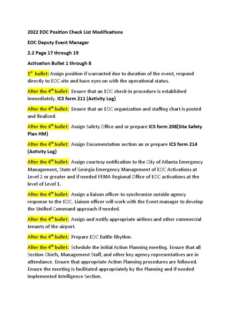 2022 EOC Position Check List Modifications EOC Manager | PDF | Incident ...