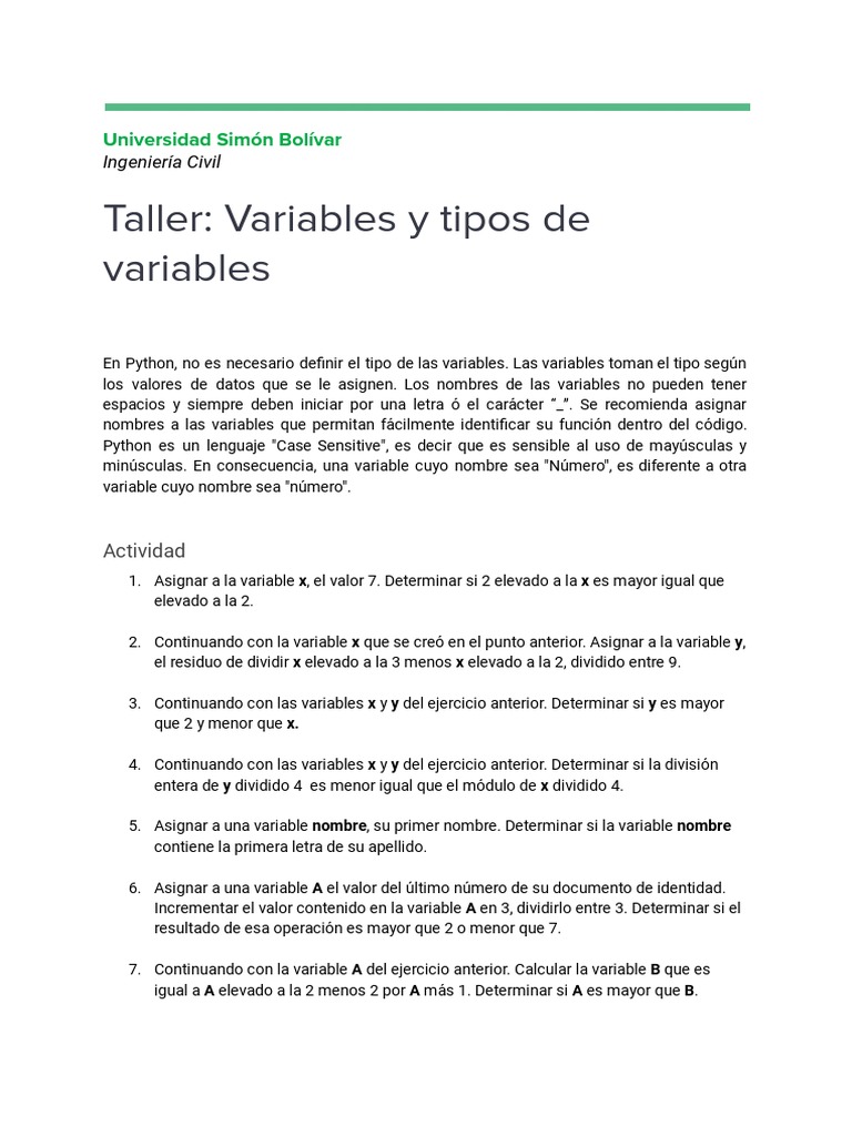 Taller 2 - Variables y Tipo de Variables | PDF | Variable (informática) | Python (lenguaje de ...