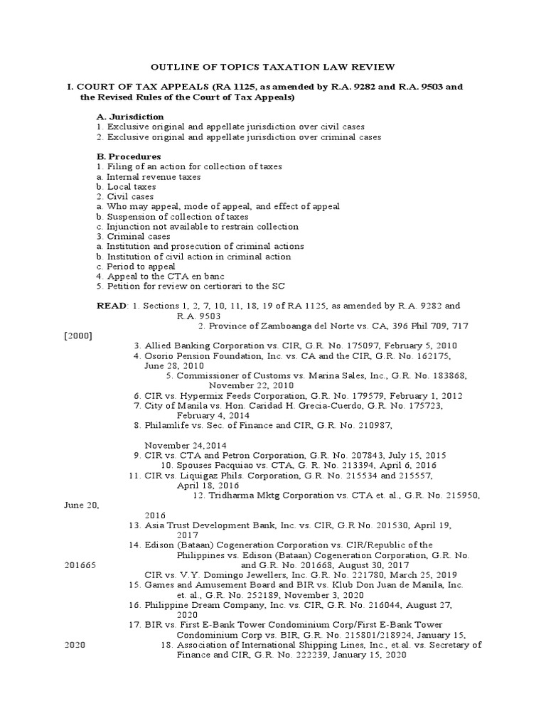 Outline of Topics Taxation Law Review | PDF | Income Tax | Tax Deduction