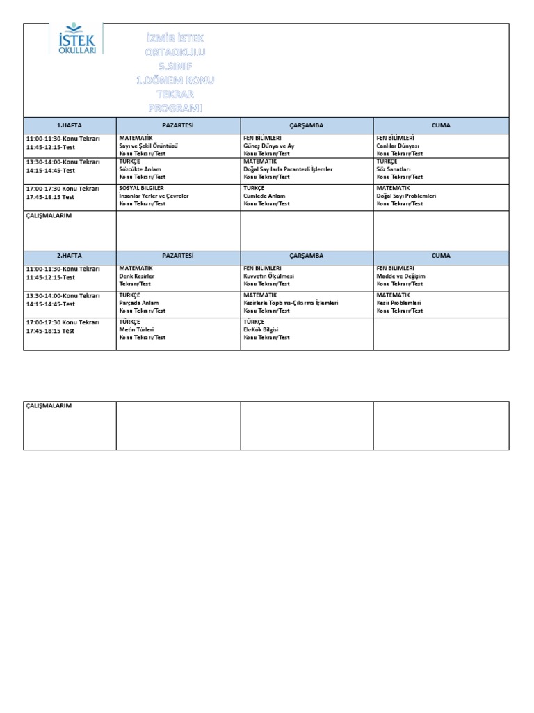 5.sinif Ara Tatil Tekrar Programi | PDF