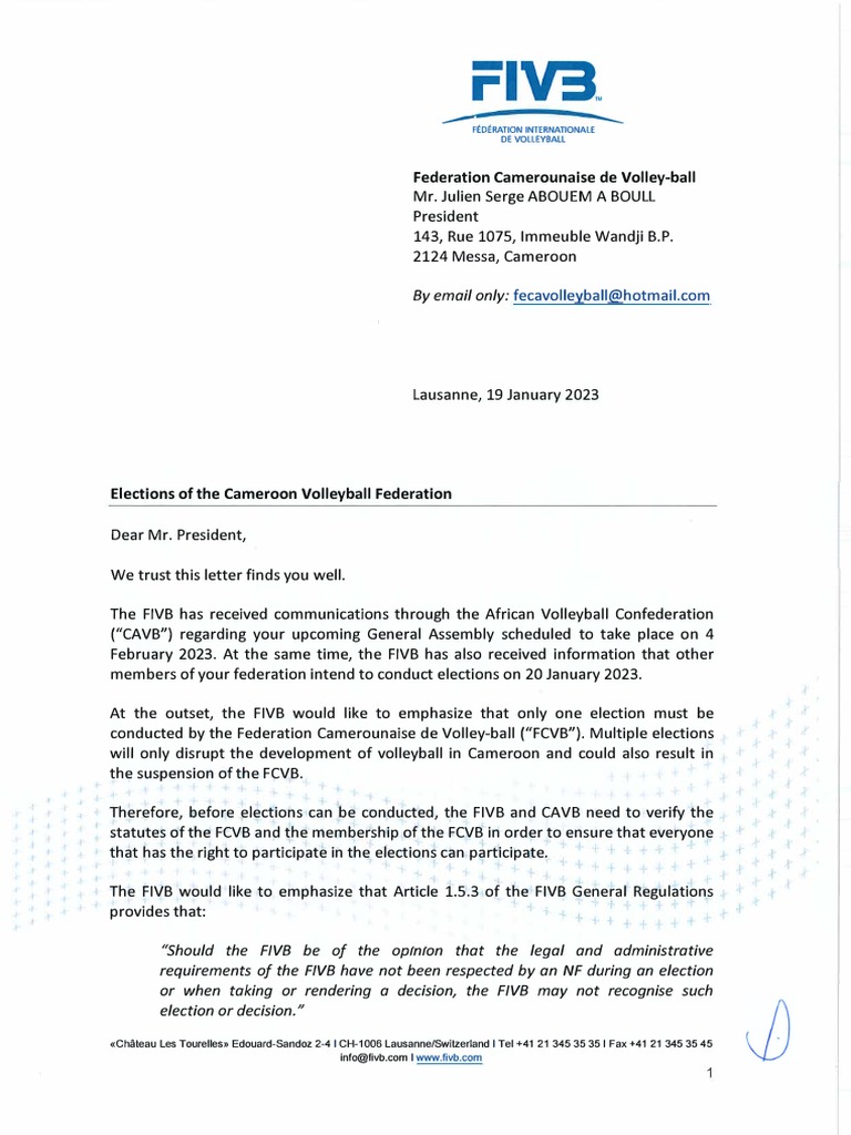 FIVB Letter To Cameroon NF Regarding Elections | PDF | Sports ...