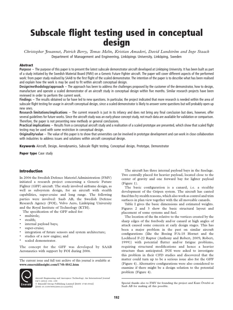 Subscale Flight Testing Used in Conceptual Design | PDF | Wind Tunnel ...