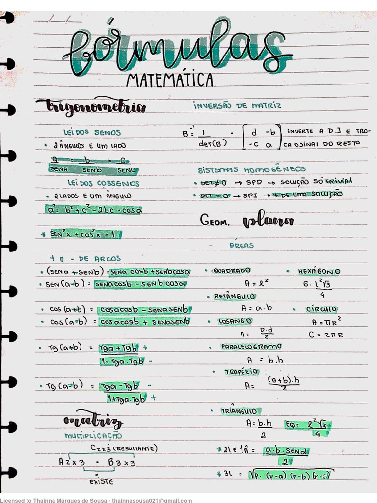 Fórmulas Matemáticas 01 | PDF