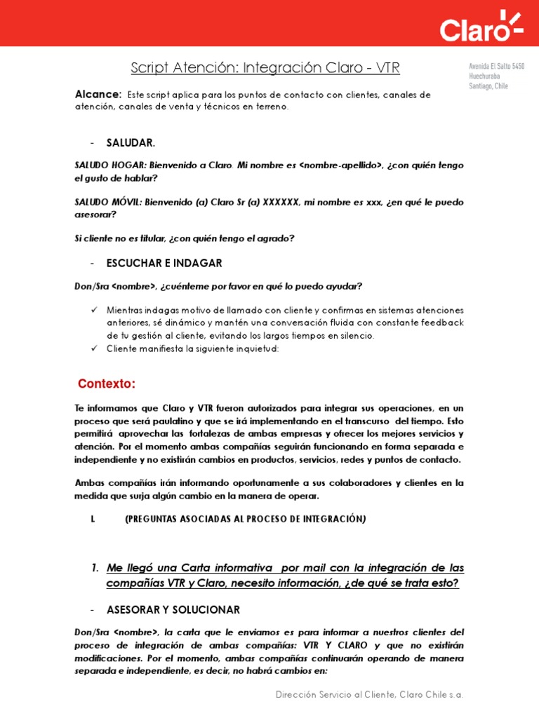 Script Canales de Atención - Integración - Claro - VTR VFi | PDF | Cliente | Servicio al Cliente