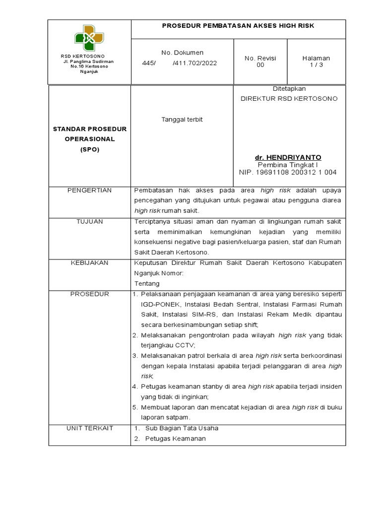 Sop 1 Pembatasan Akses Area High Risk Pdf