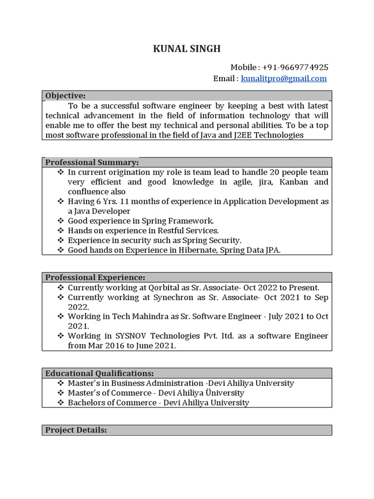 Kunal Singh Java Developer Resume 6+ Yrs Experience | PDF | Java (Programming Language) | Spring ...