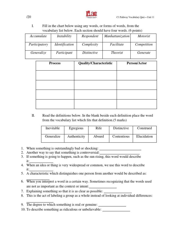Unit 11 Vocabulary Quiz For C1 PW3 2022 | PDF