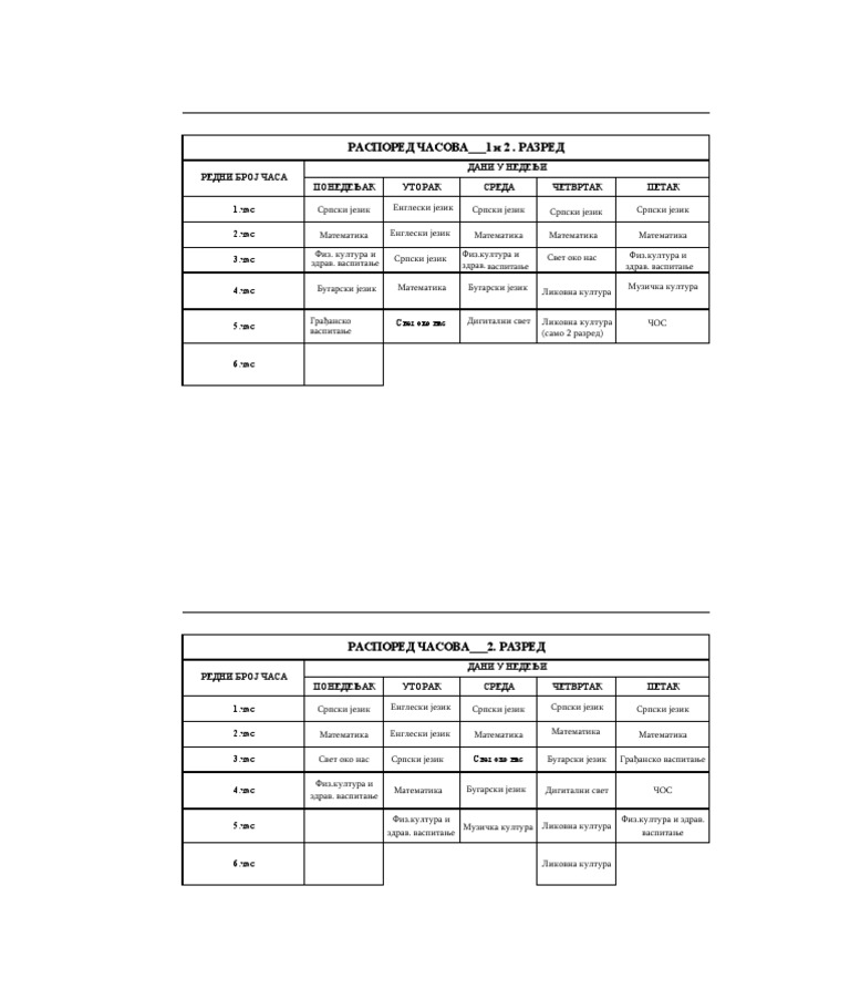 Raspored Casova 1. I 2. Razred | PDF