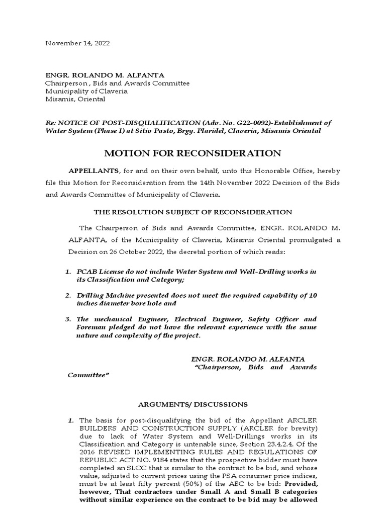 Motion for Reconsideration on Bid Disqualification | PDF | Affidavit | Appeal