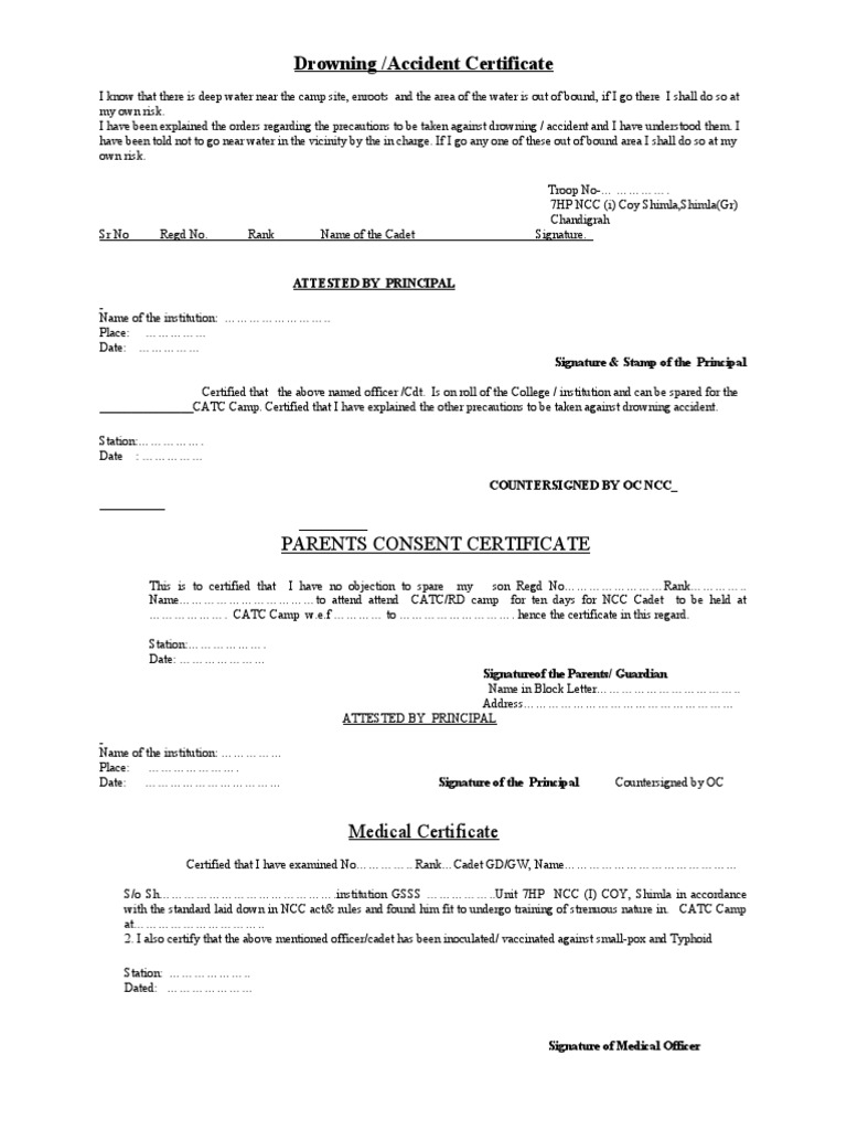 Risk Certification and Consent Form for NCC Cadet Training Camp | PDF
