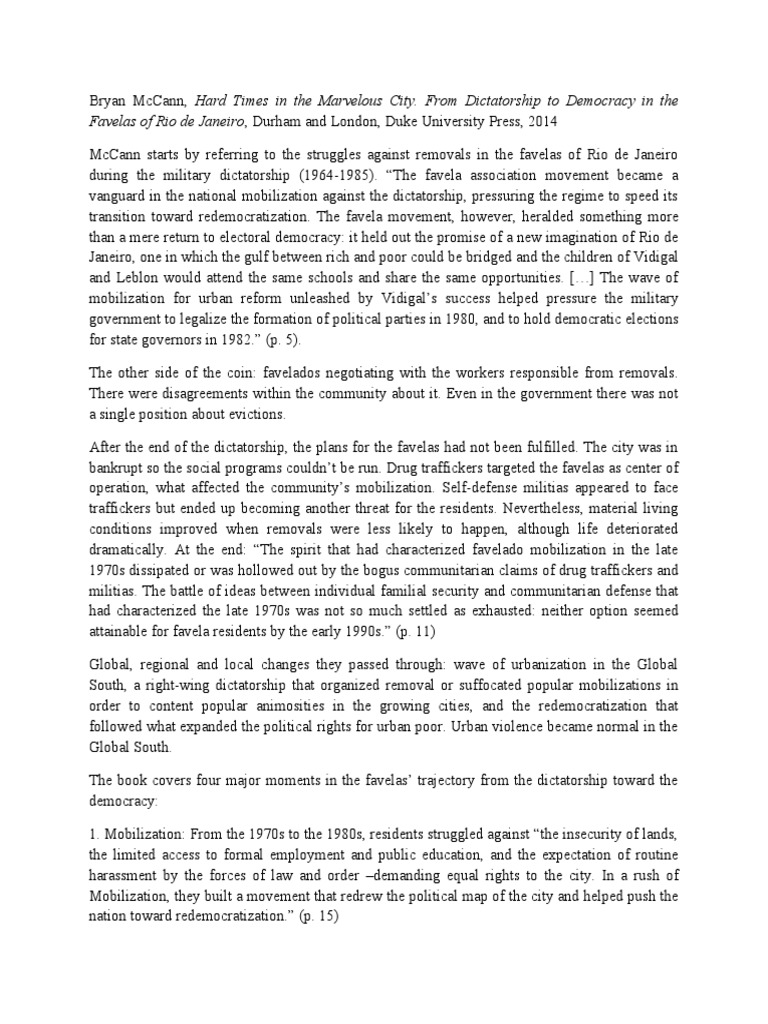 Bryan McCann, Hard Times in The Marvelous City | PDF | Dictatorship ...