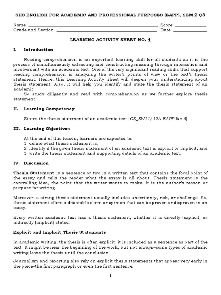 SHS Eapp Q3 Las 4 | PDF | Internet | Thesis
