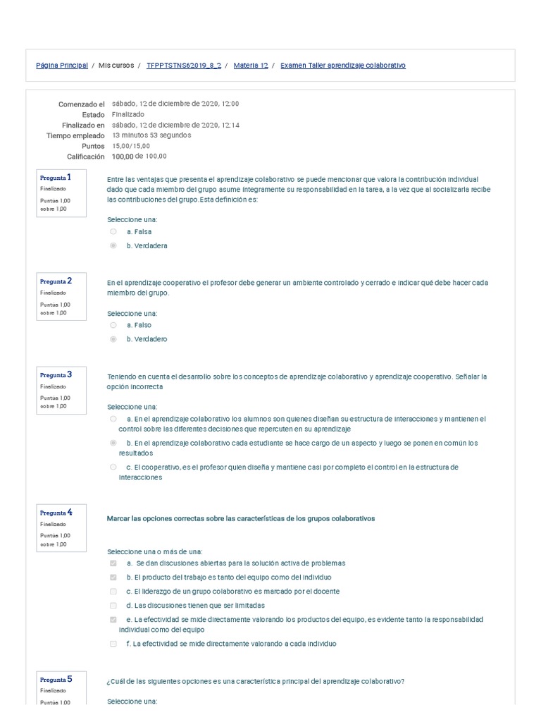 Examen sobre Aprendizaje Colaborativo | PDF | Aprendizaje | Maestros