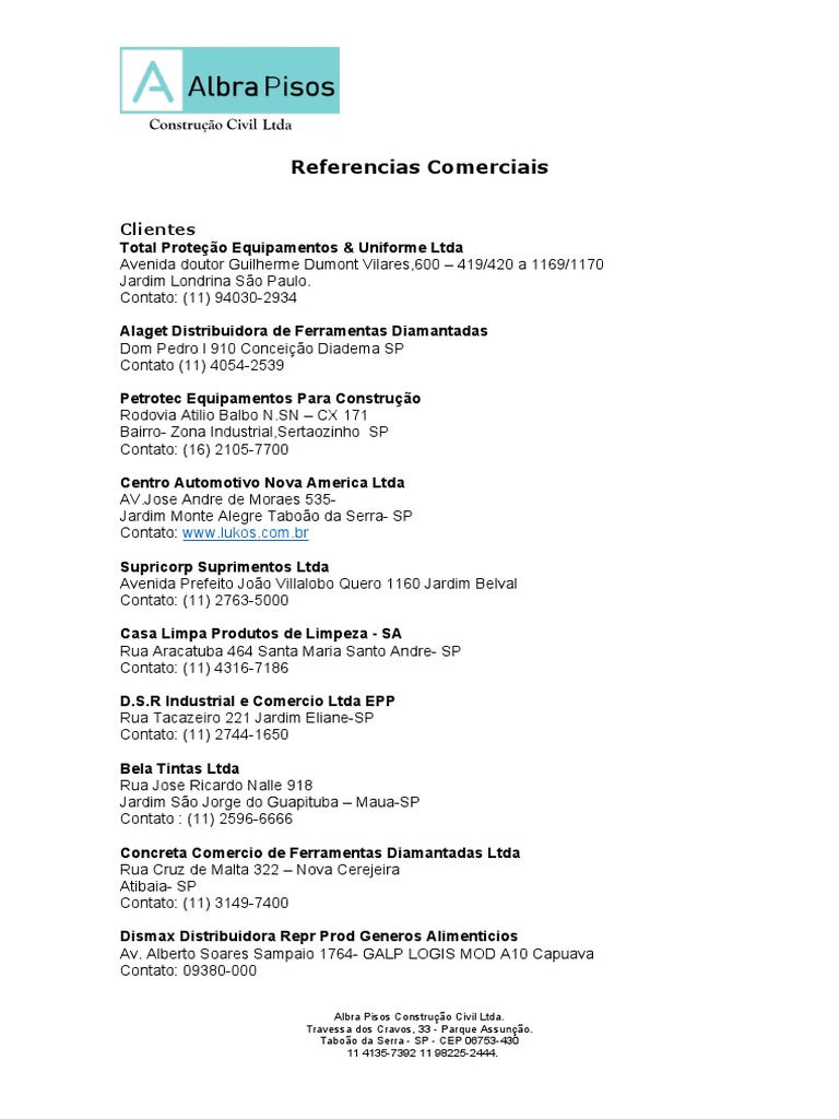 Referências Comerciais e Contatos | PDF