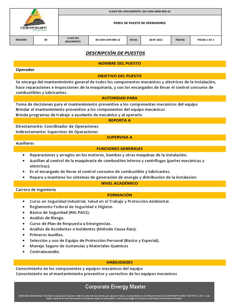 Perfil del puesto de operador | PDF