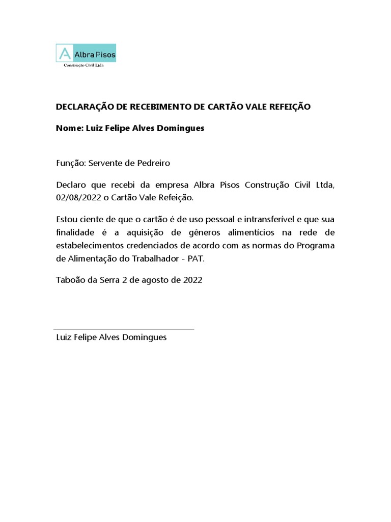 DECLARAÇÃO DE RECEBIMENTO DE CARTÃO VALE REFEIÇÃO (Luiz Felipe) | PDF