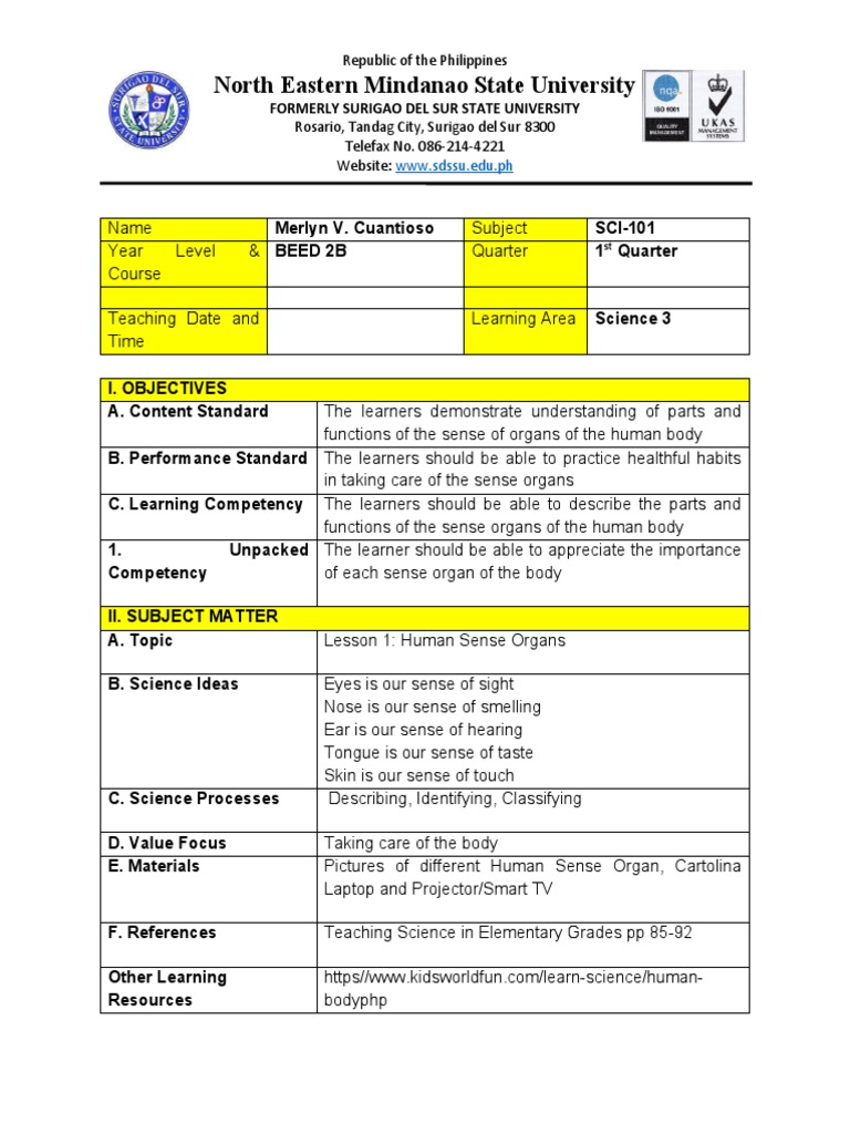 Lesson-Plan-Human Sense Organ | PDF | Senses | Taste