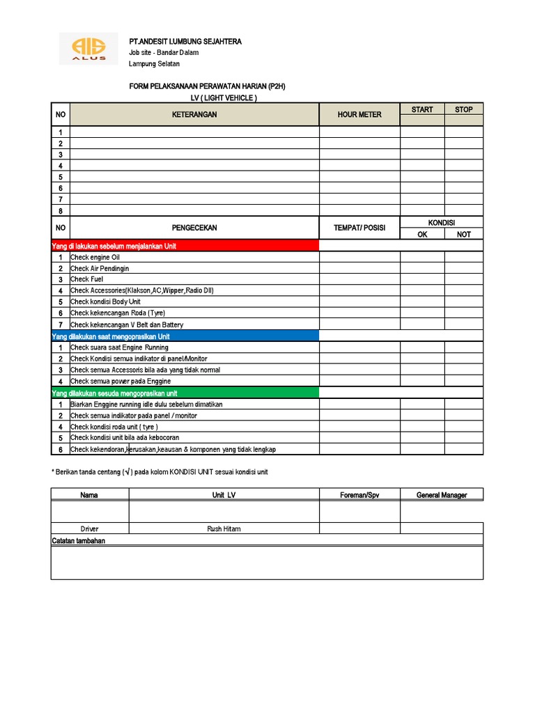 Form P2H Perawatan Harian LV | PDF | Teknologi & Rekayasa