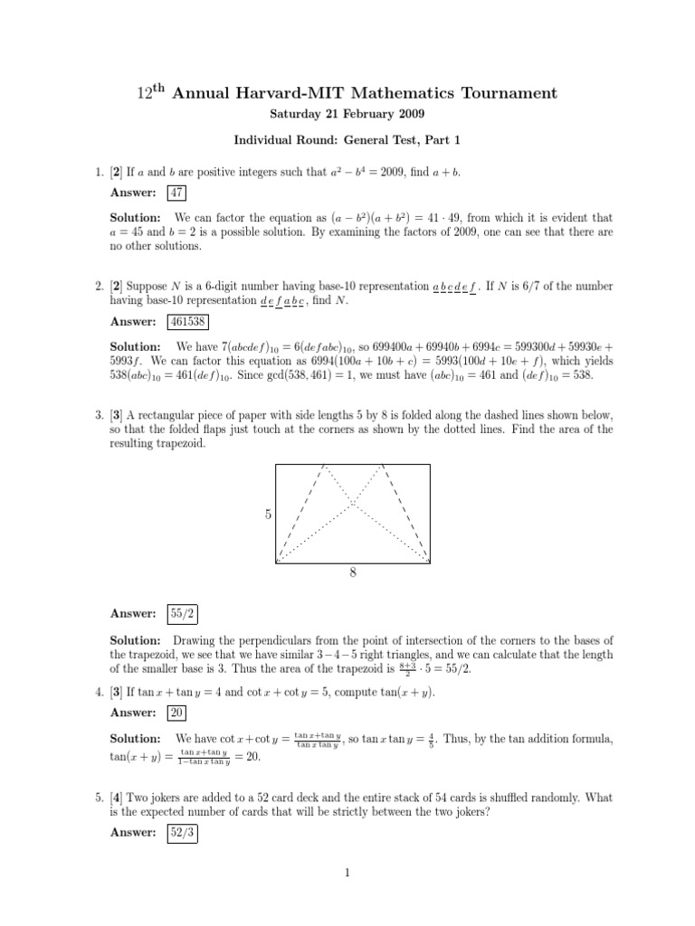 Harvard-MIT Math Tournament Individual Test Part 1 | PDF | Zero Of A ...