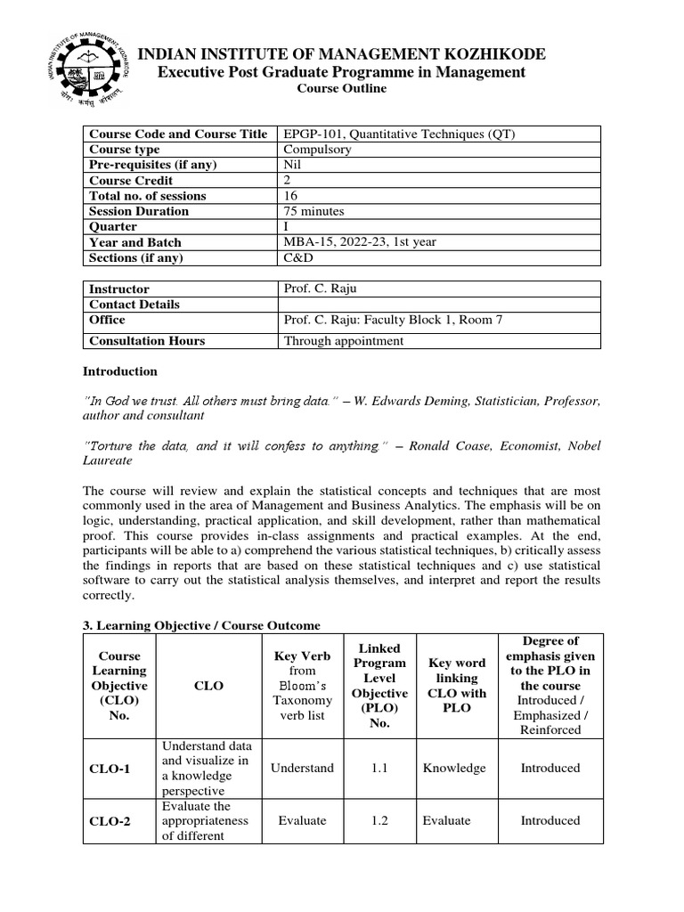 Quantitative Techniques - EPGP-15 - Course Outline | PDF | Variance | Regression Analysis