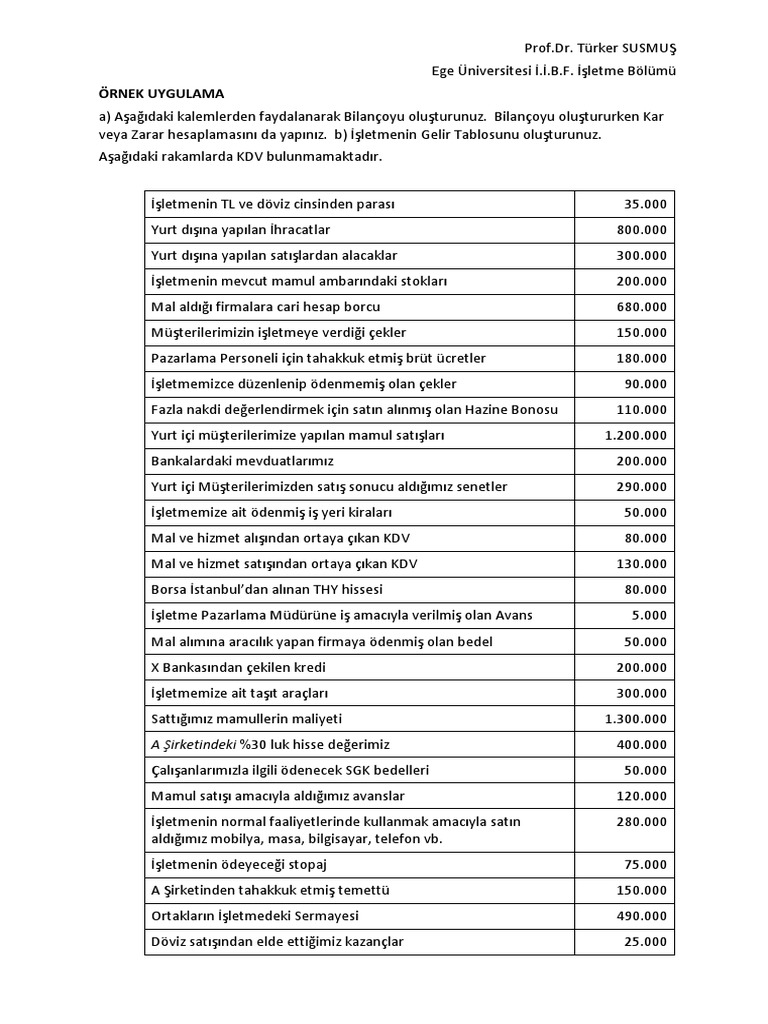 Bilanco Gelir Tablosu Olusturma Ornegi | PDF