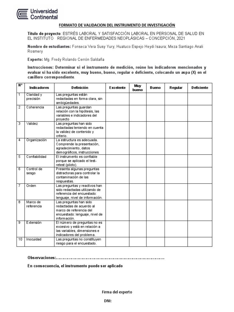 FORMATO DE VALIDACION DEL INSTRUMENTO DE INVESTIGACION | PDF | Validez (Estadísticas) | Sicología