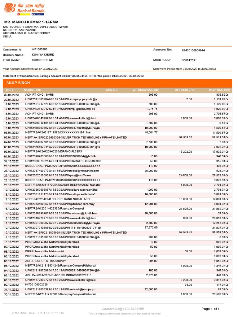 Bank Statement for Mr. Manoj Kumar Sharma from August 1st, 2022 to January 30th, 2023 showing ...