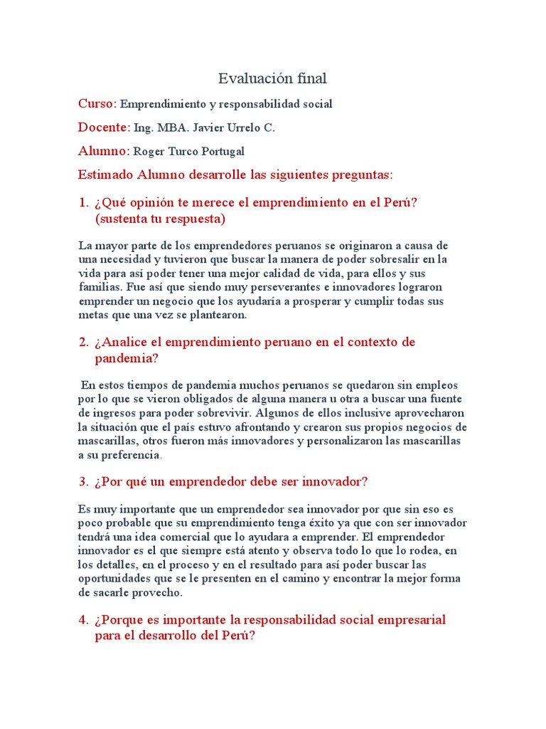 Evaluacion Final | PDF | Iniciativa empresarial