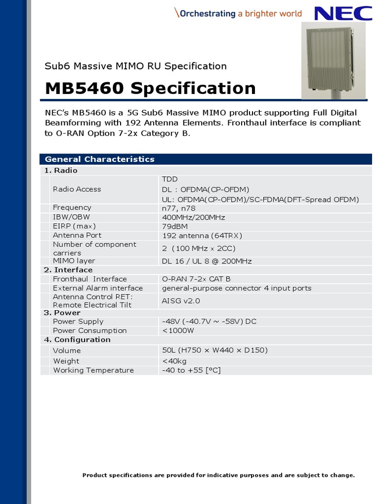 NEC's MB5460 5G Sub6 Massive MIMO Radio Unit Supporting 192 Antenna Elements and Compliant with ...