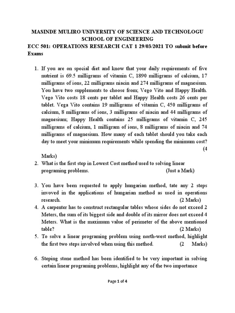 Ecc 501 Cat 1 2020 2021 | Download Free PDF | Linear Programming | Analysis